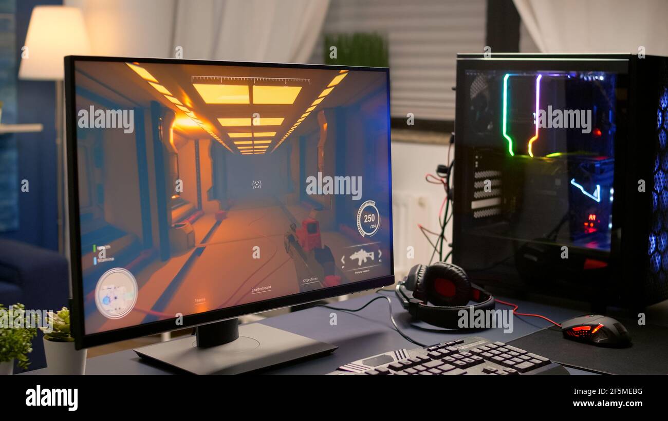 Close-up of empty gaming home studio equipped with RGB powerful system ...