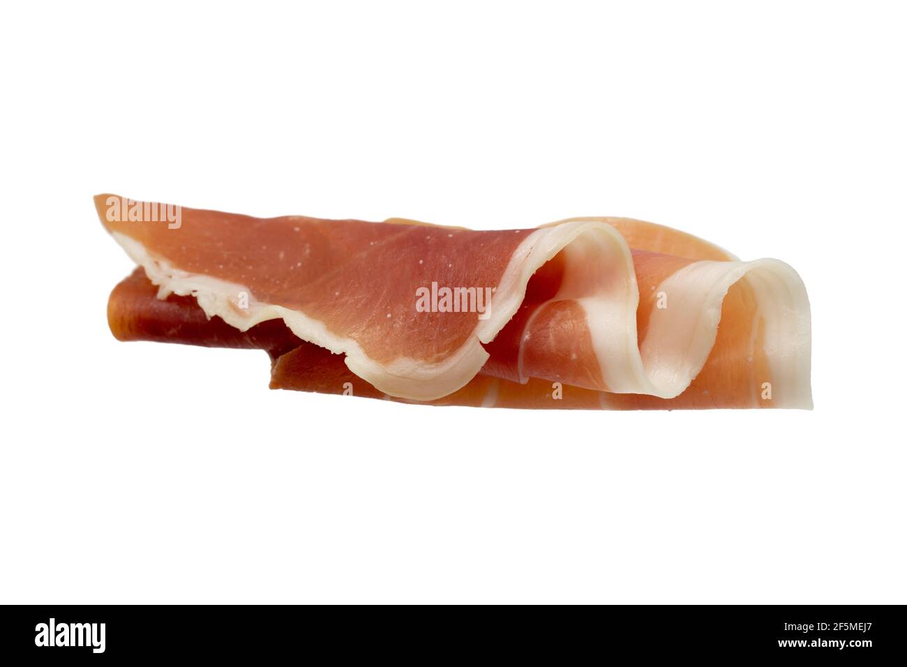Slice of Italian prosciutto crudo or jamon. Raw ham. Isolated on white ...