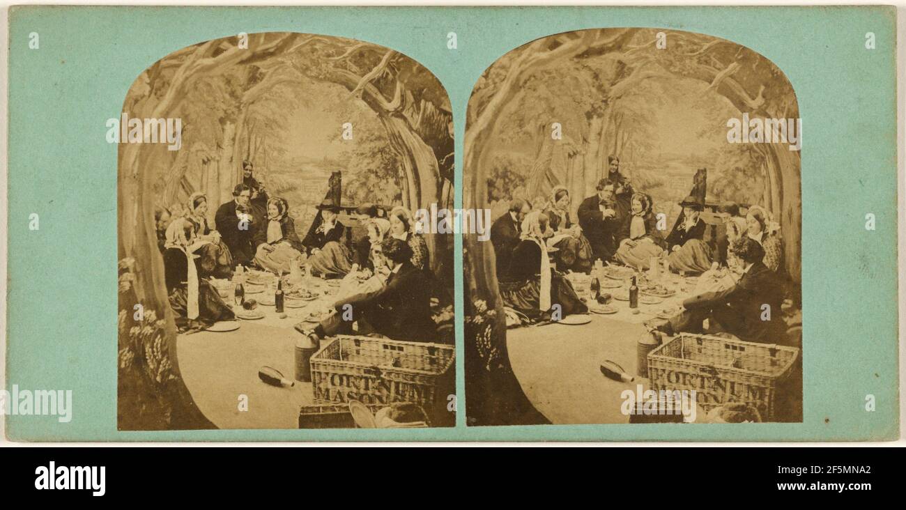 Picnic scene on the ground, basket with "Fortnum Mason(---illeg.)" in ...