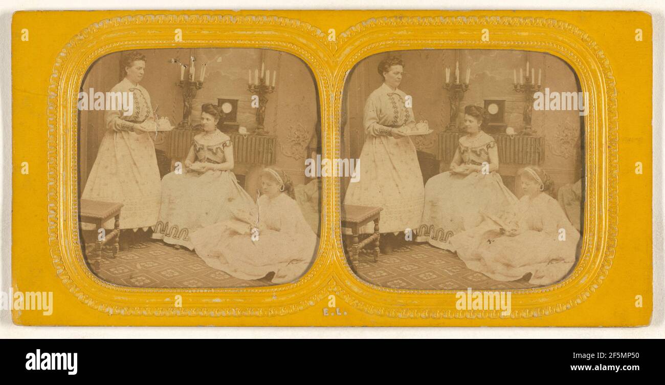 Parlor scene: one woman holding a tray with tea service, two women ...
