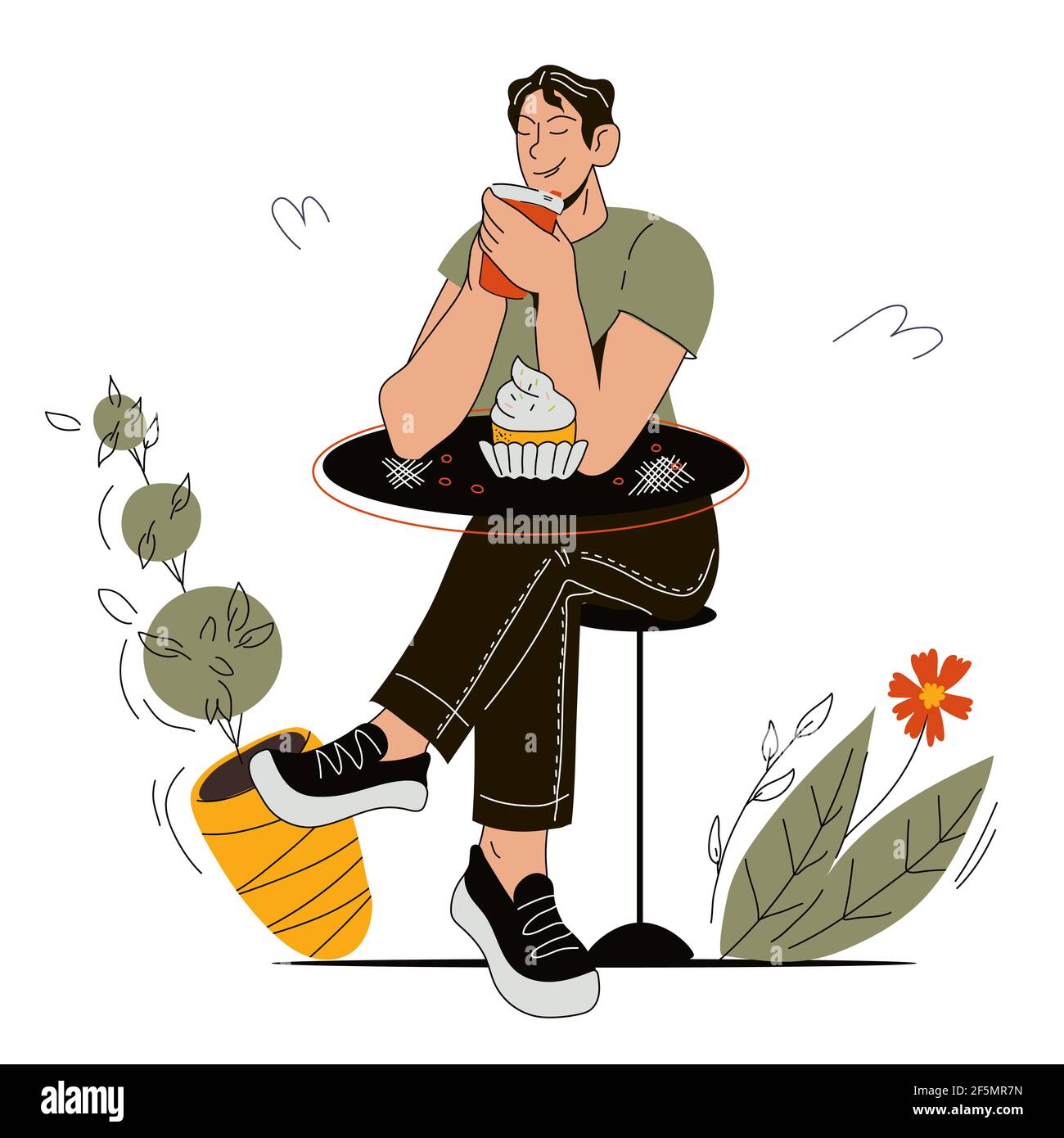 Young man drinking coffee and eating cupcake. Isolated student waiting ...