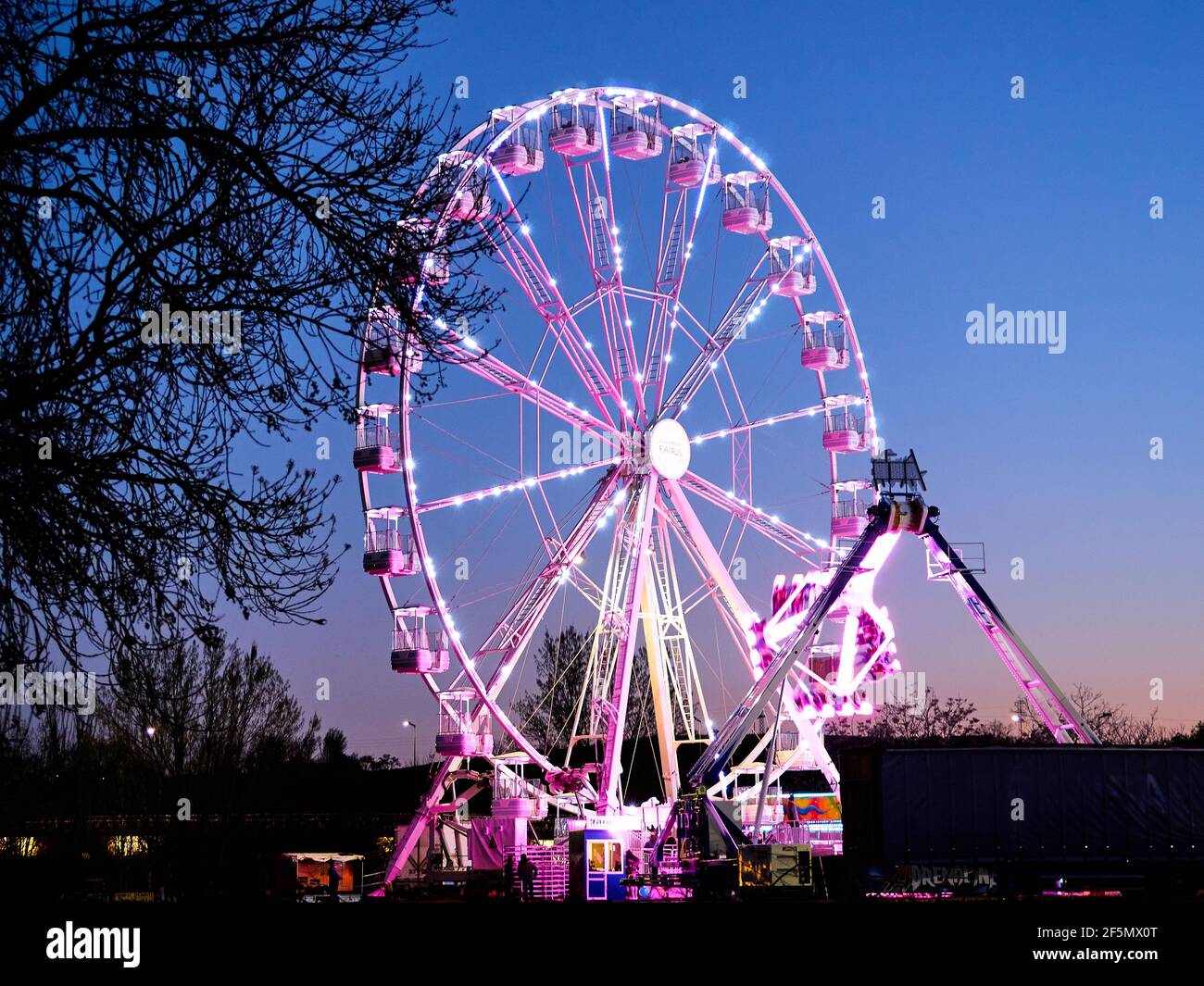 Ferris wheel at the amusement park at dusk, at night. Horizontal view ...