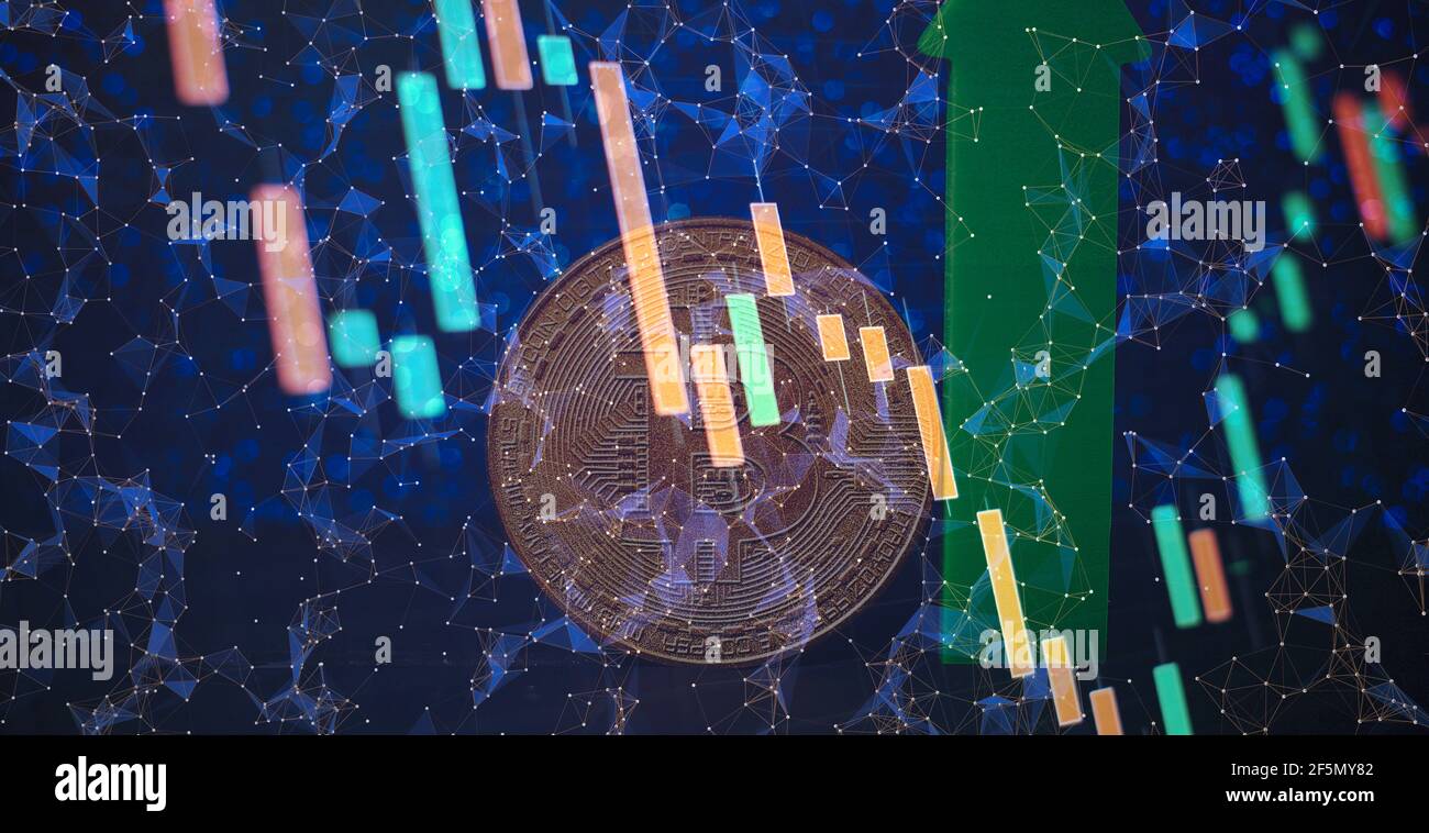 Gold bitcoins with Candle stick graph chart and digital background ...