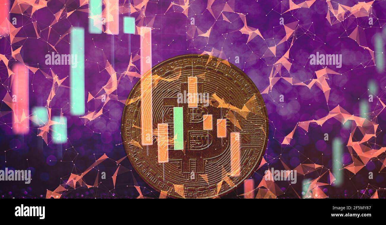 Gold bitcoins with Candle stick graph chart and digital background ...