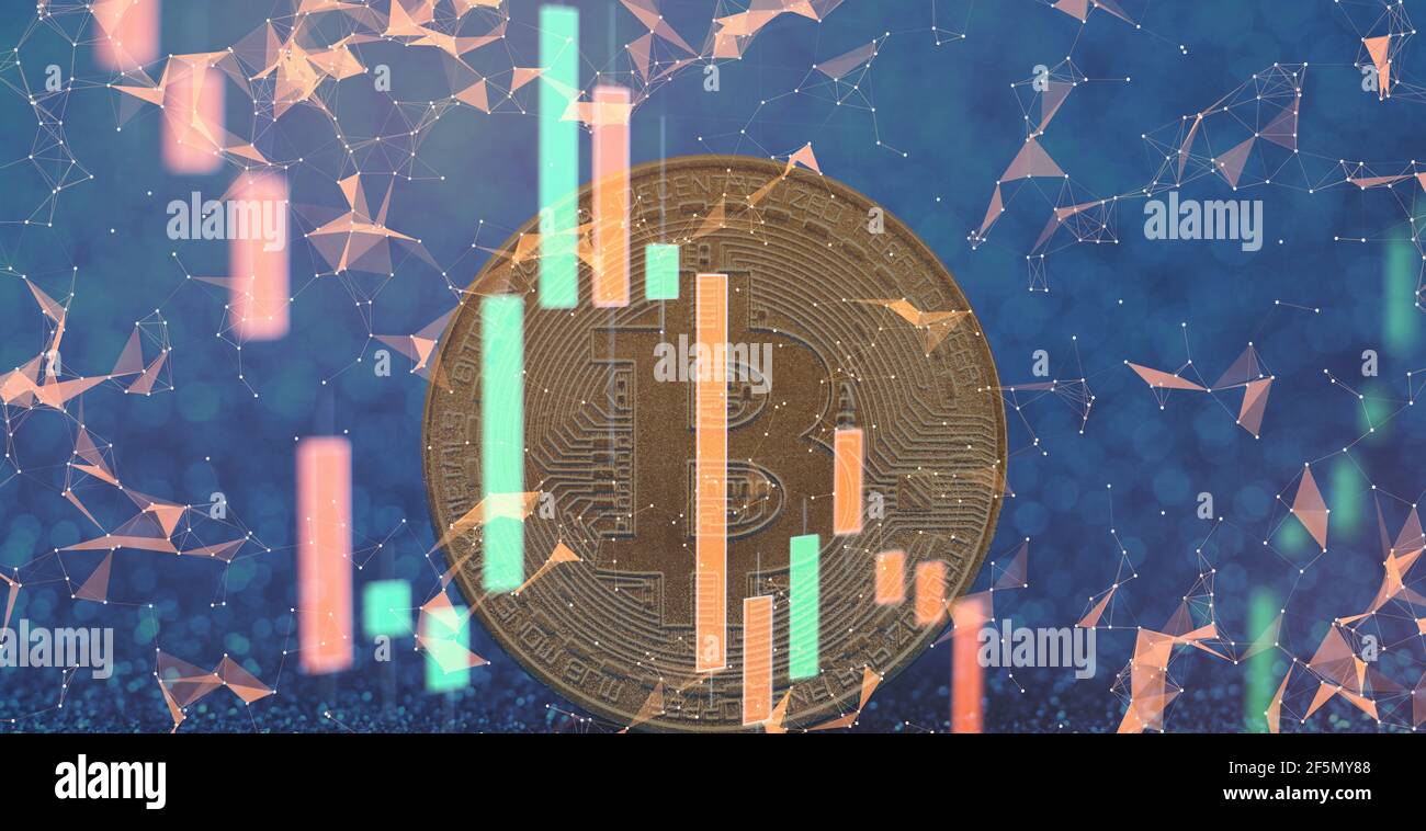 Gold bitcoins with Candle stick graph chart and digital background ...