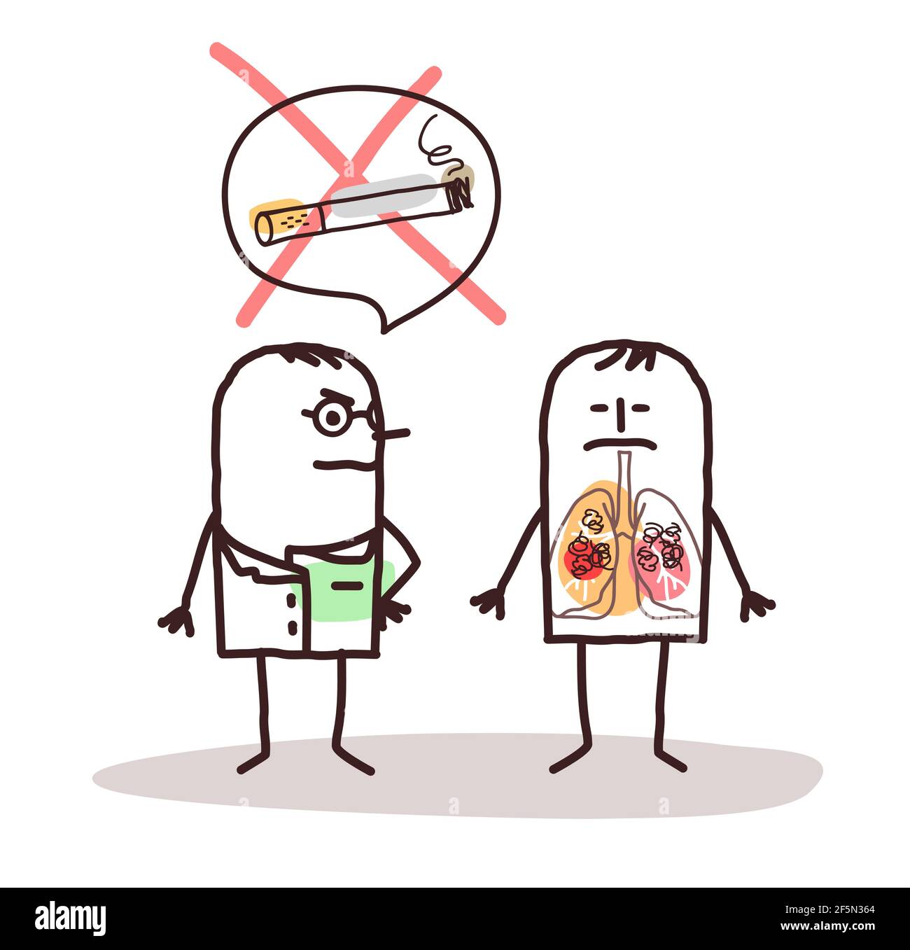 Hand drawn Cartoon Doctor saying "No Smoking" to a man with Pulmonary ...