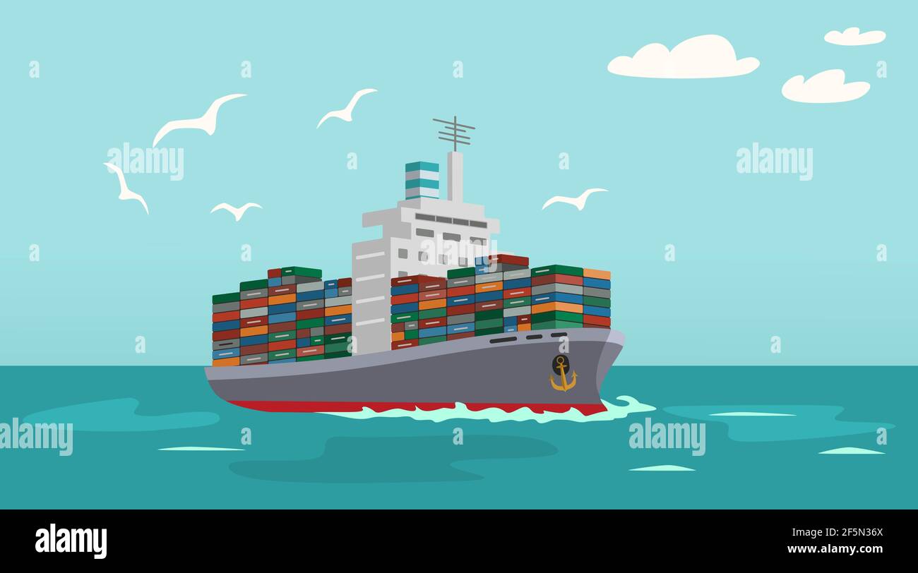 Dry cargo container ship in ocean. Flat cartoon style. Vector ...
