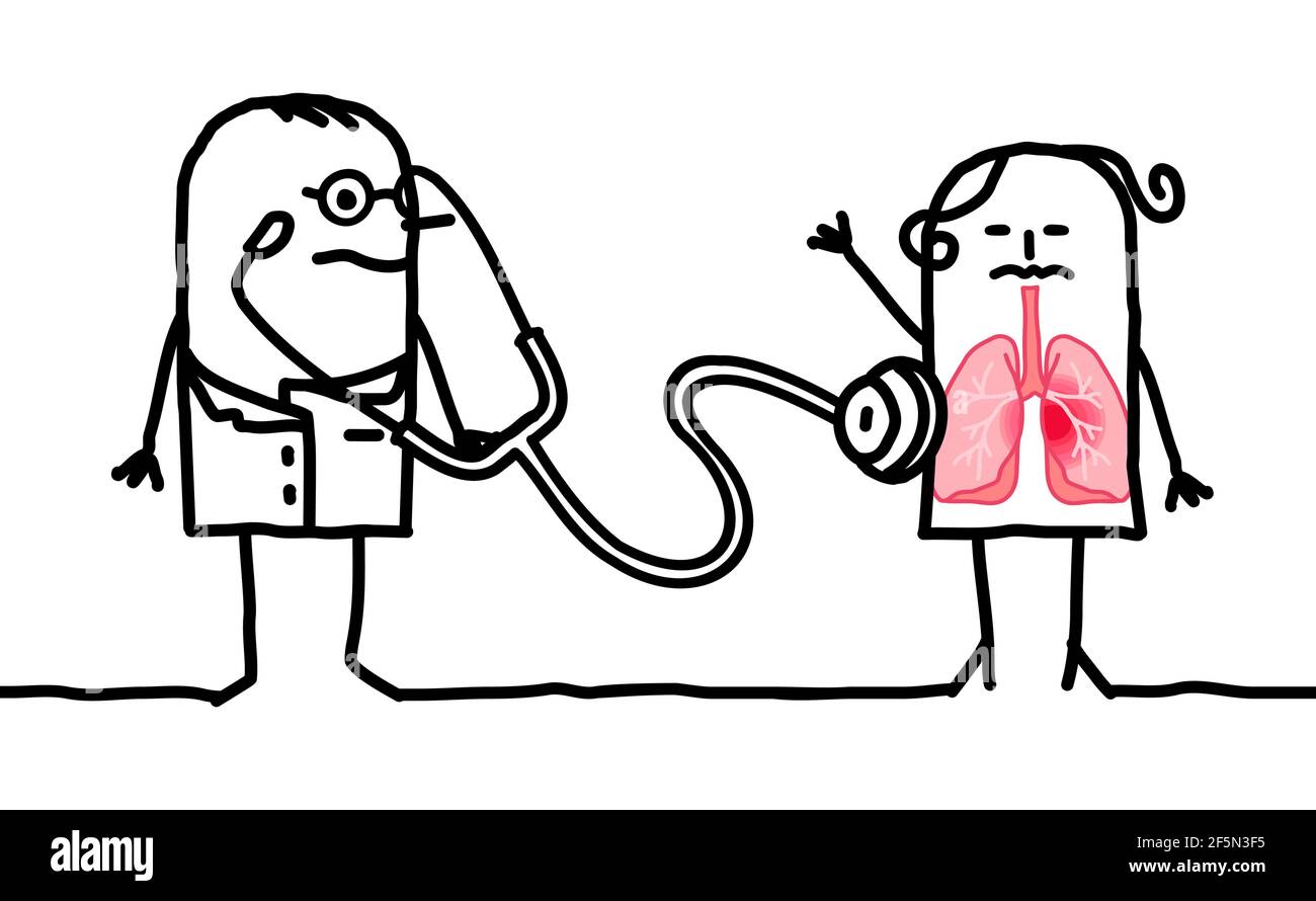 Hand drawn Cartoon Doctor using Stethoscope and Woman with Pulmonary ...