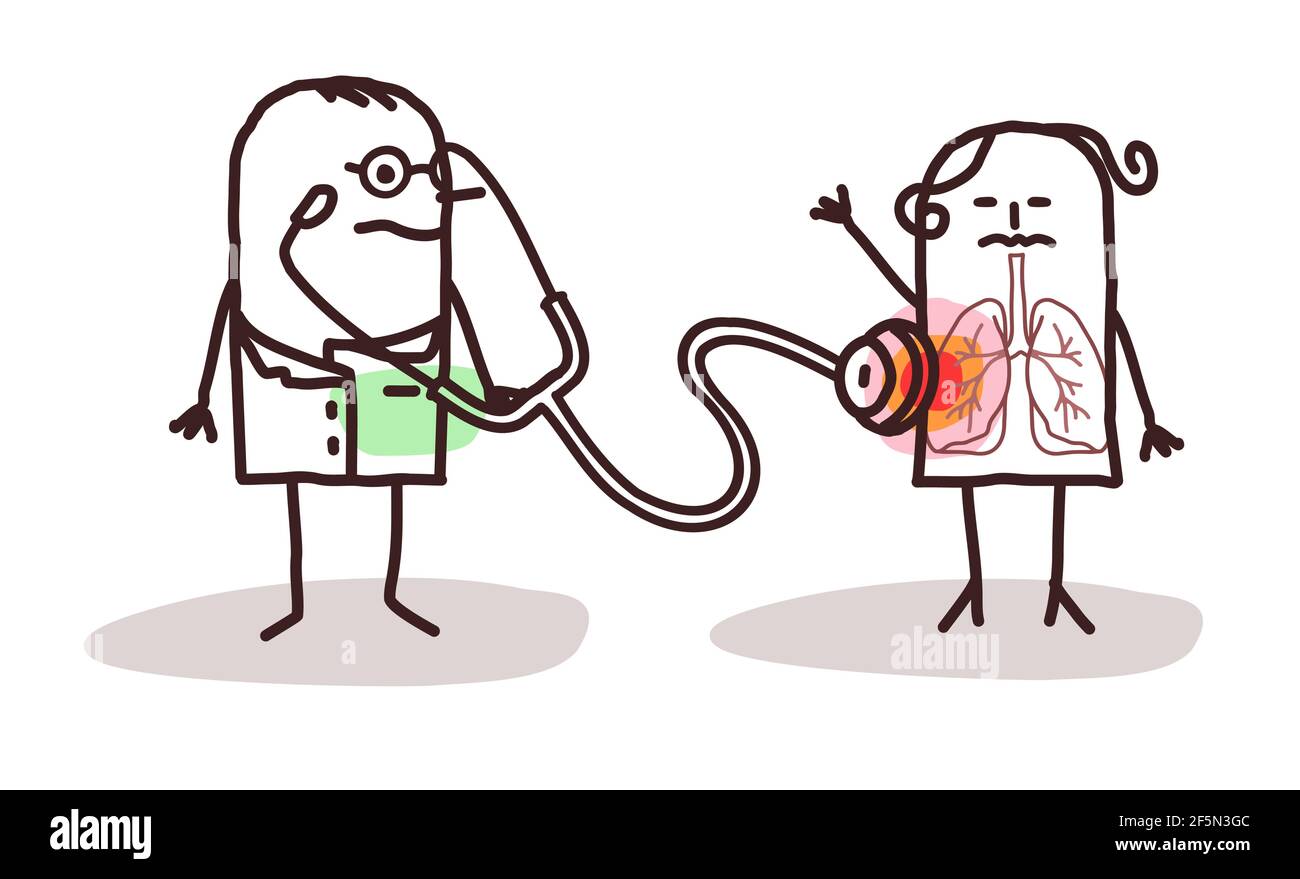 Hand drawn Cartoon Doctor using Stethoscope and Woman with Pulmonary ...