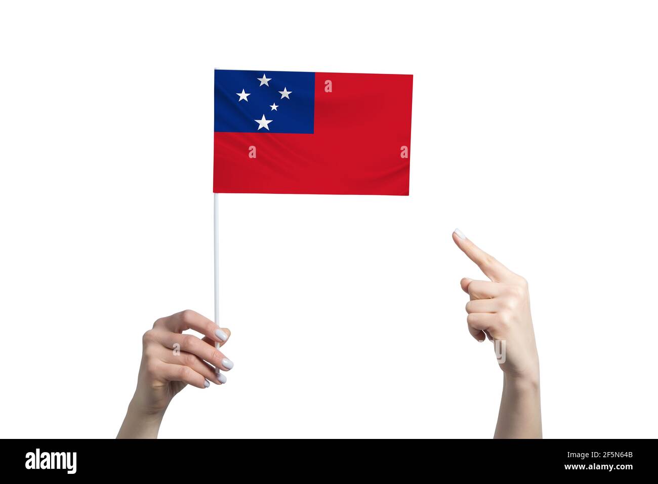 A beautiful female hand holds a Samoa flag to which she shows the ...