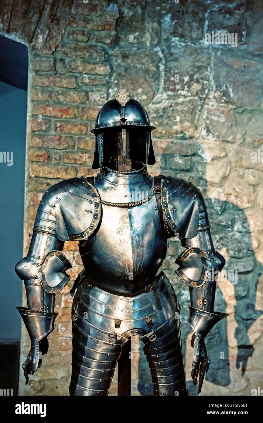 Gallery of knight's armor. Knight's iron armor in the museum. toned ...