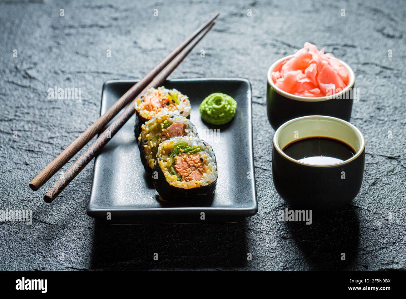 Fresh healthy with soy sauce and wasabi. Traditional Japanese cuisine ...