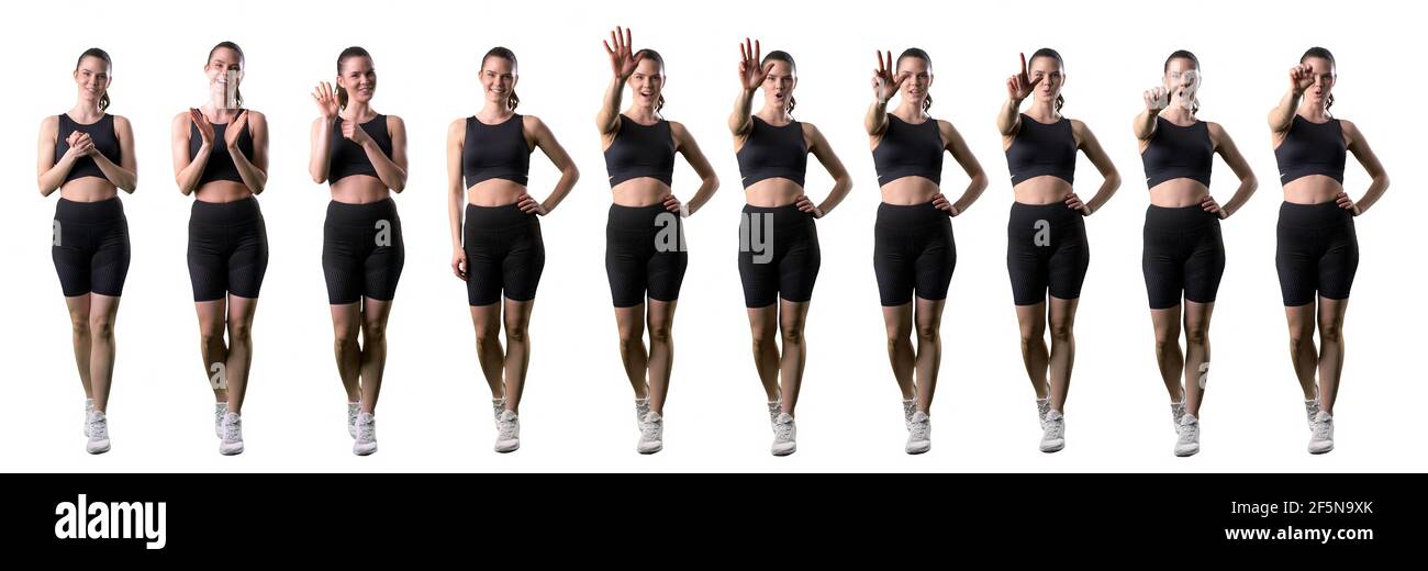 Motivation set of fitness gym woman encouraging and countdown gestures ...