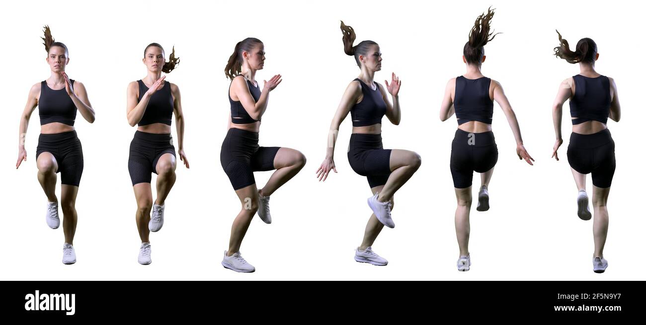 Set of different sprinting and running woman in action front side and ...