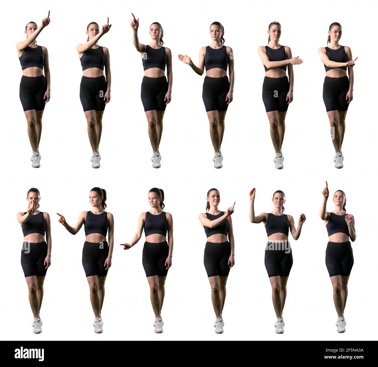 Set of sporty fitness woman using various touch screen gestures. Full ...