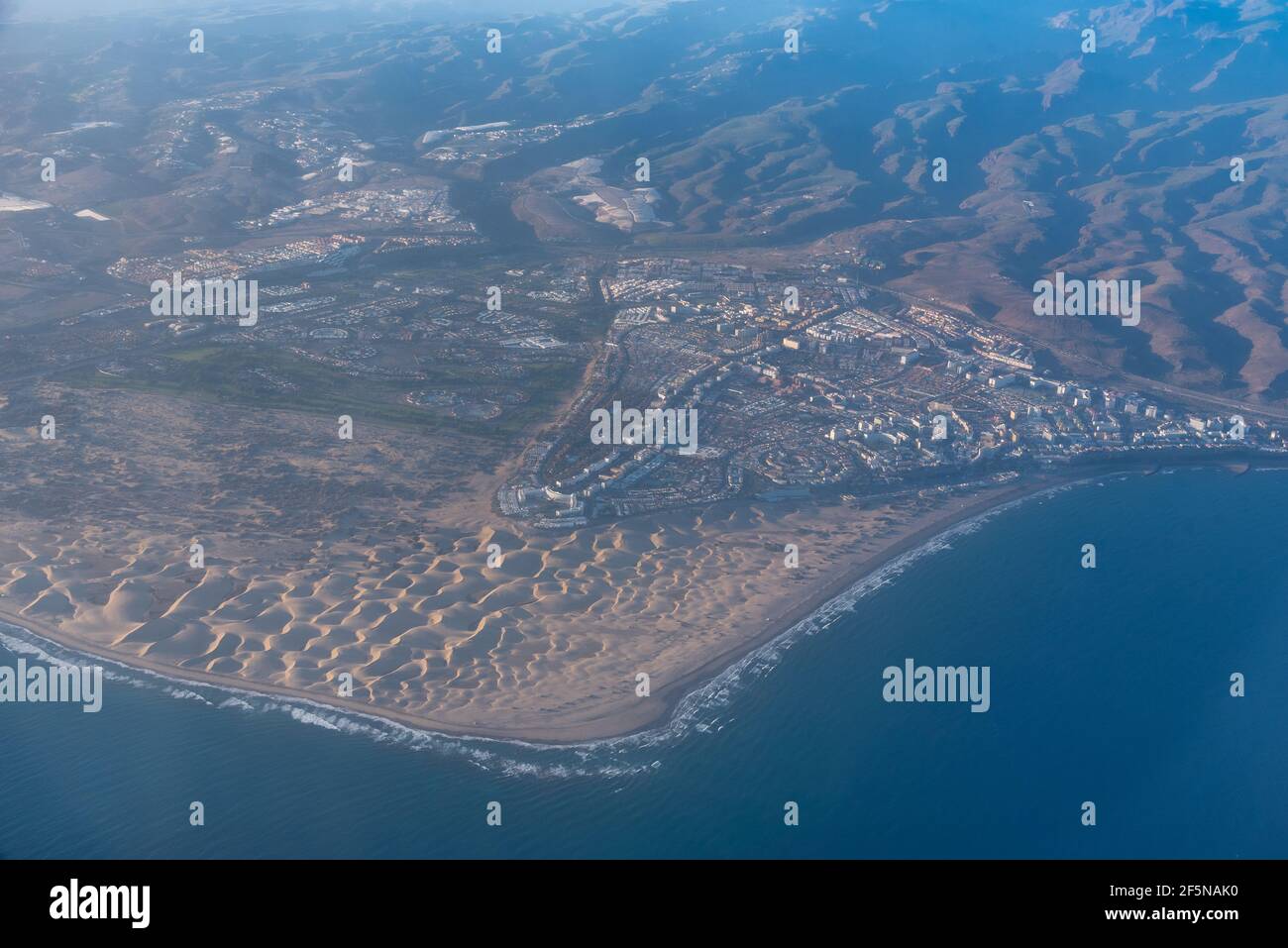 Aerial view of Maspalomas town and famous sand dunes in Gran Canaria ...