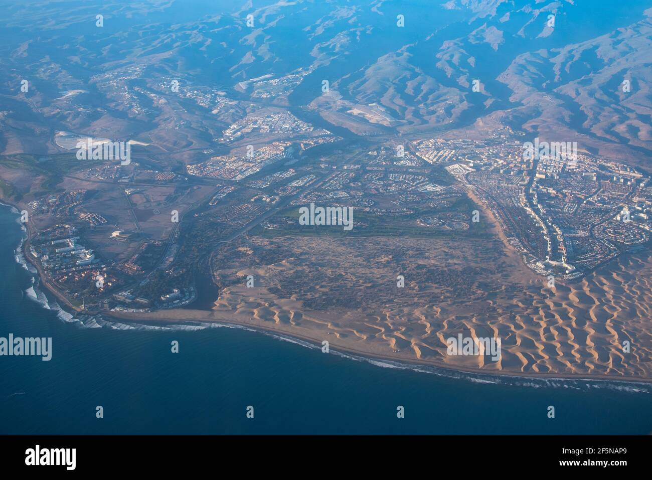 Aerial view of Maspalomas town and famous sand dunes in Gran Canaria ...
