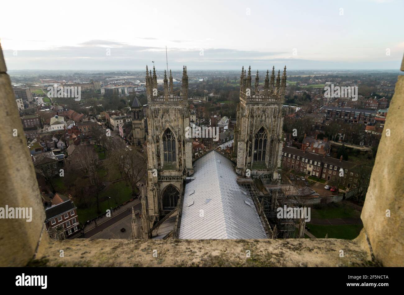Exterior view of York Minster's western towers taken from the central ...