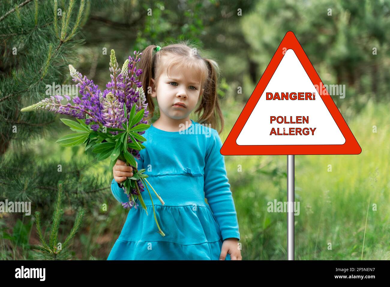 warning sign: danger pollen allergy. sad child girl with a bouquet of ...