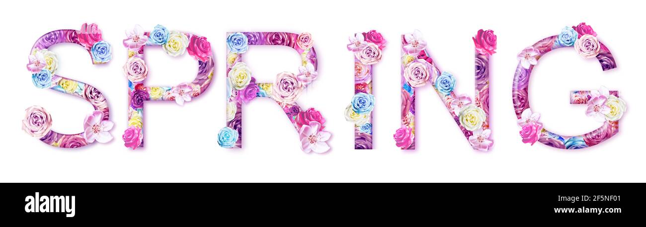Word SPRING made of flowers on white background. Spring concept. Flat ...