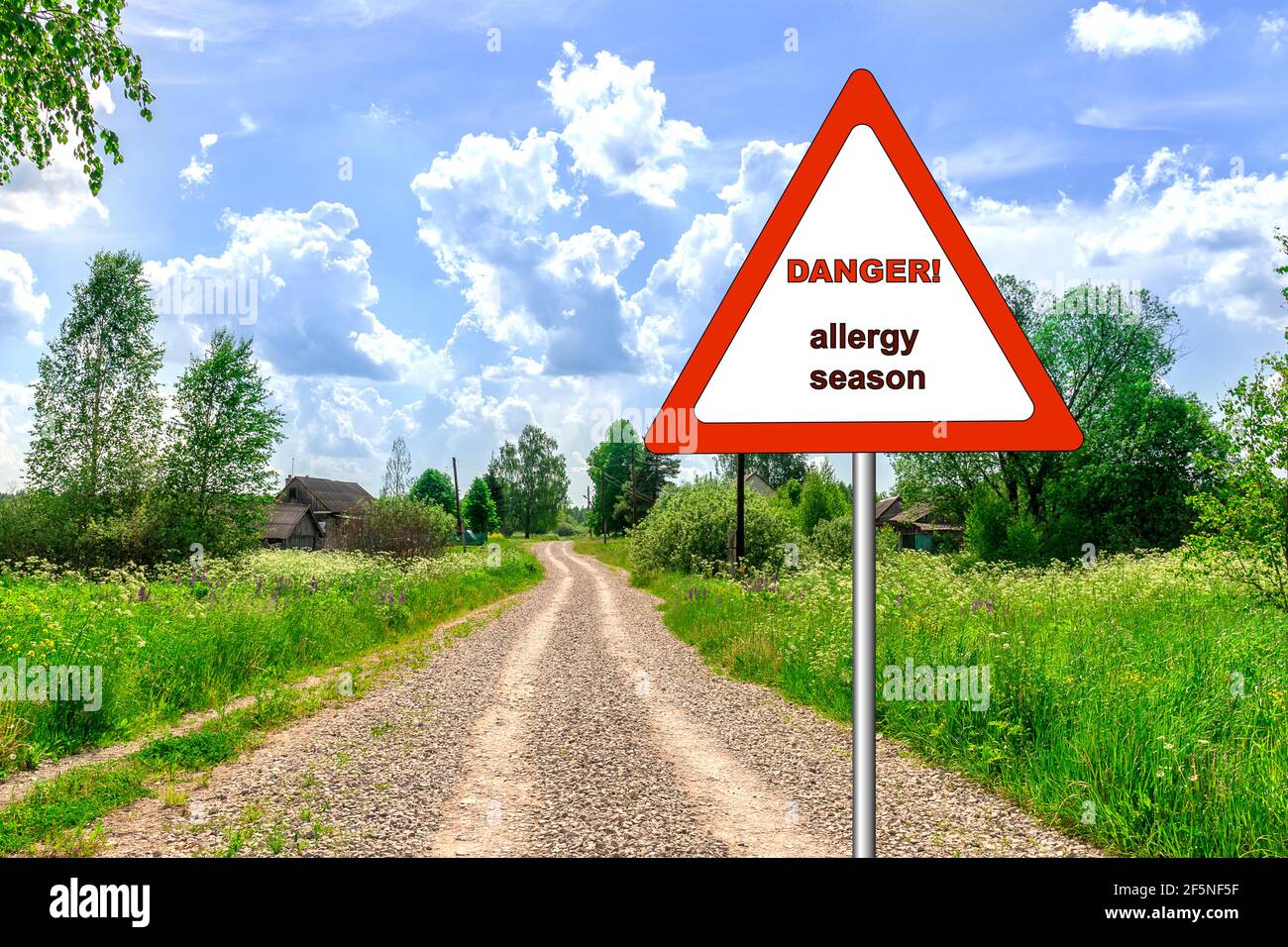 warning sign: danger allergy season. rural landscape Stock Photo - Alamy