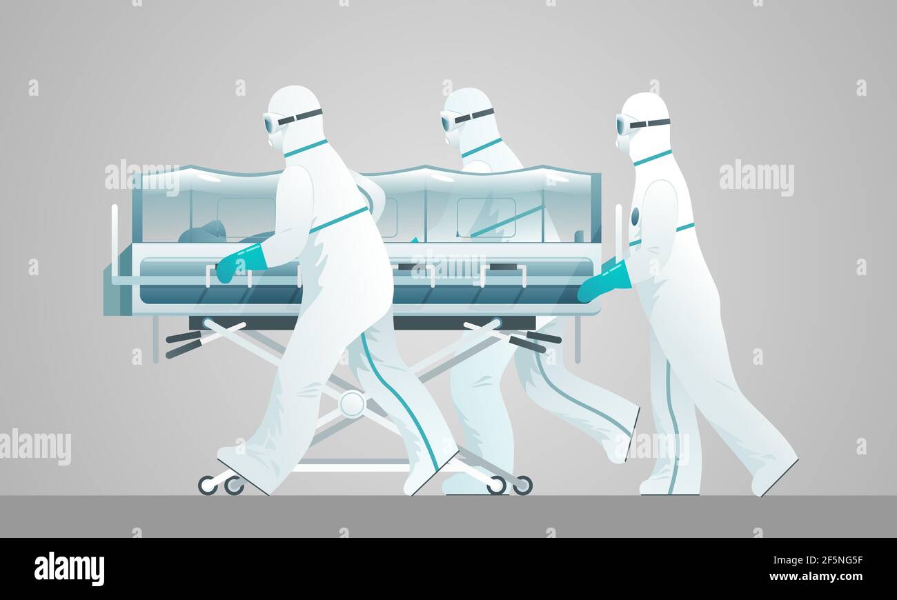 The vector illustration of a group of medics in white protective ...