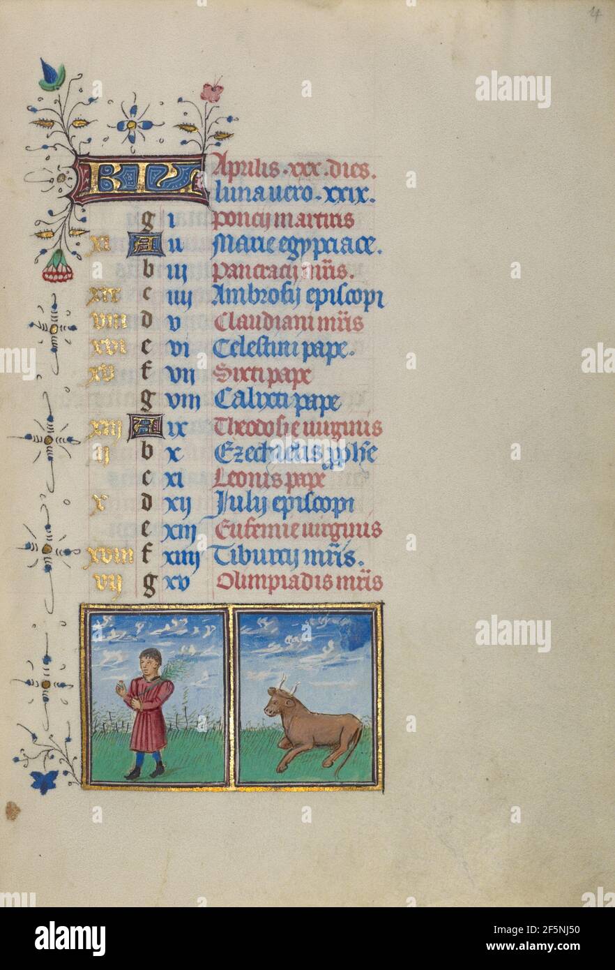 Calendar Page for April; Picking Flowers; Taurus. Master of the Lee ...