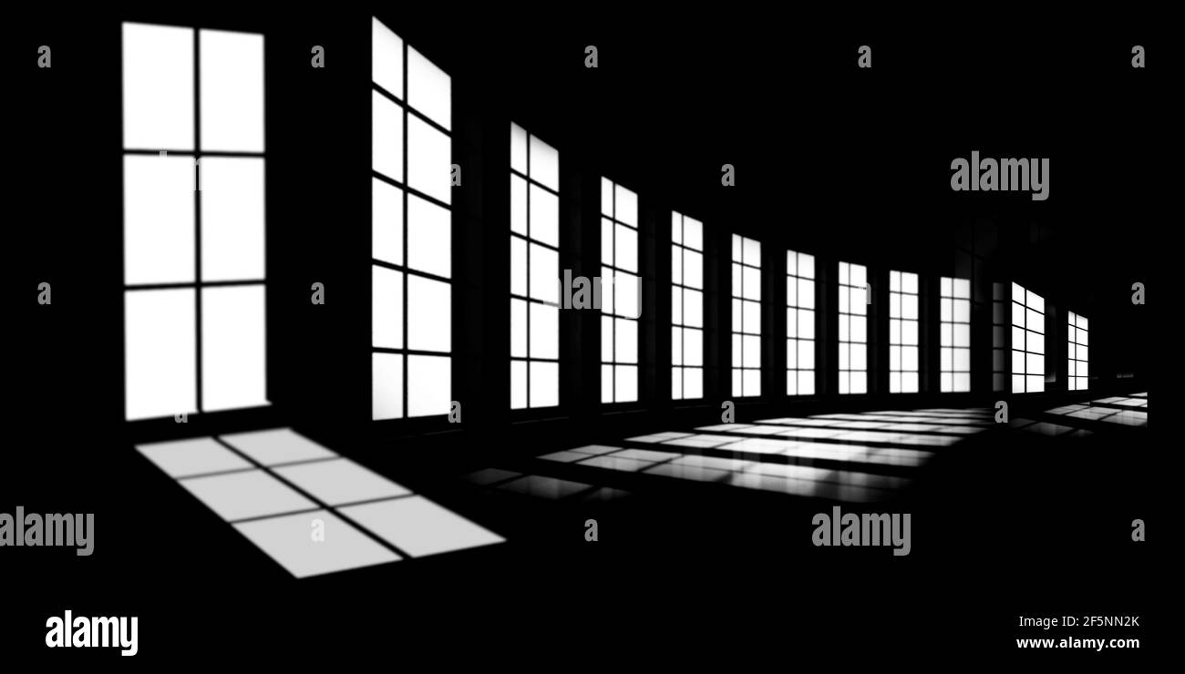 Abstract large room with numerous windows. Light and shadow effect ...