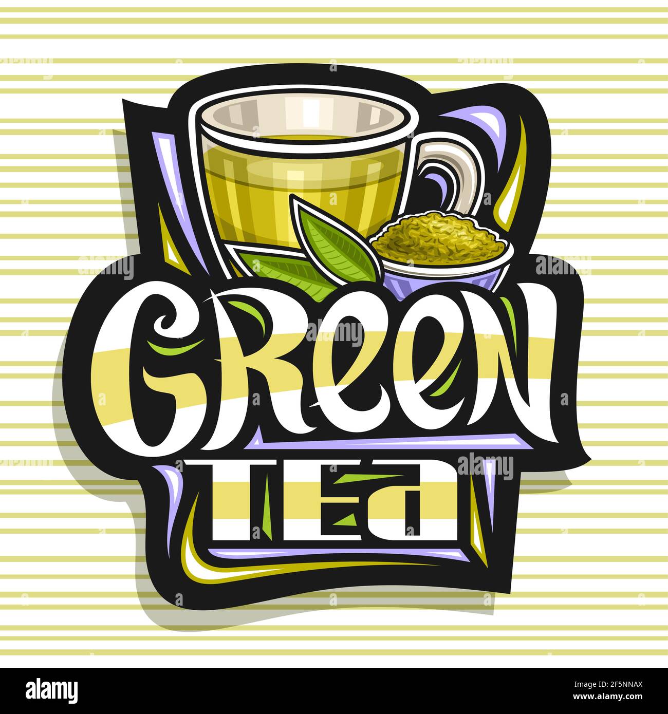 Vector logo for Green Tea, decorative label with illustration of ...