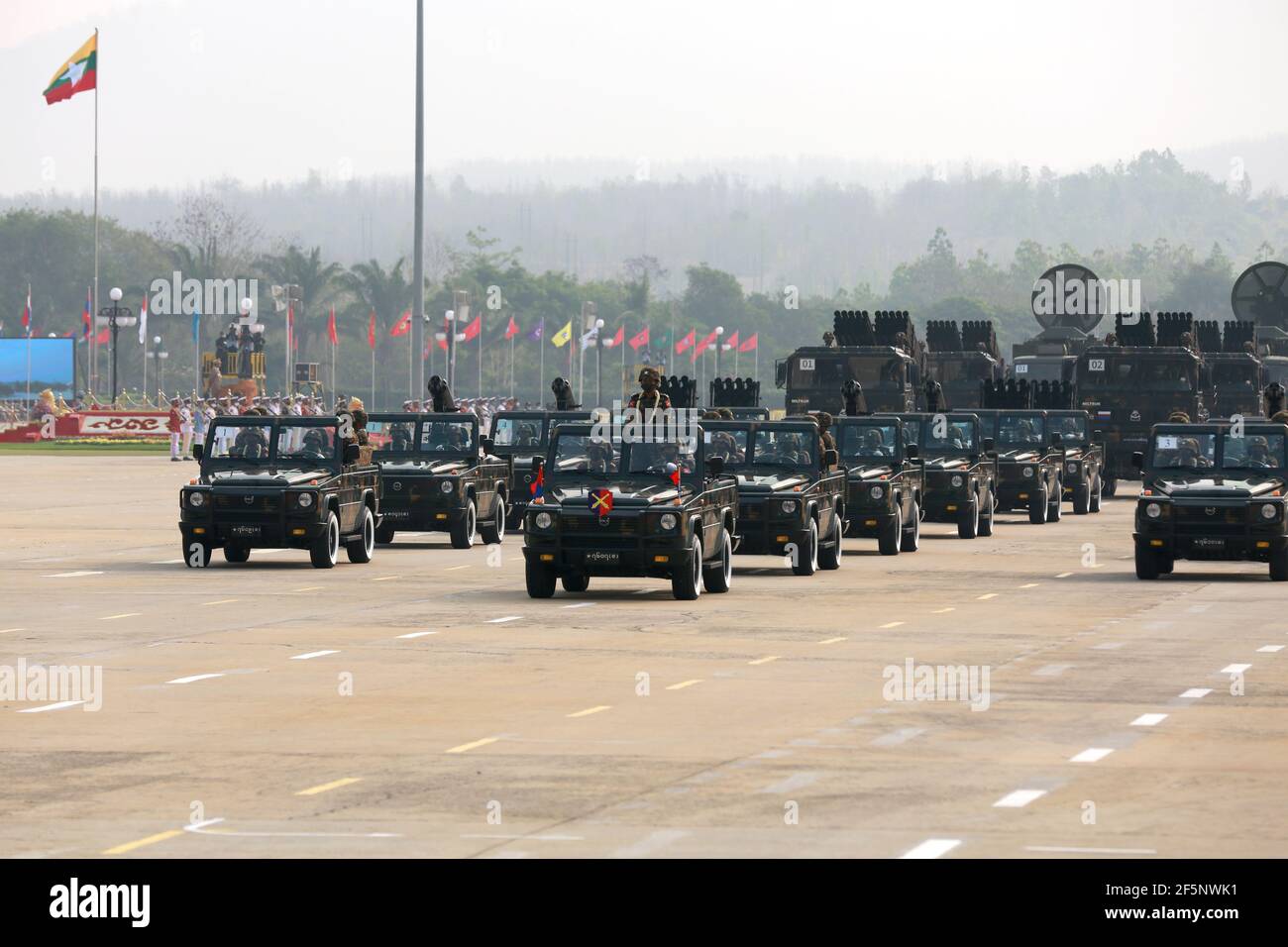Nay Pyi Taw, Myanmar. 27th Mar, 2021. Military vehicles march in a ...