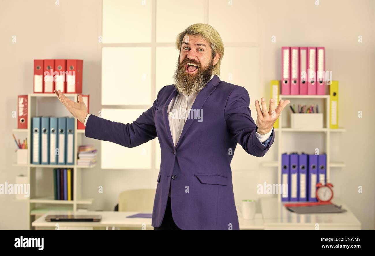 Entrepreneur in modern office. Successful bearded ceo. Welcome to my ...