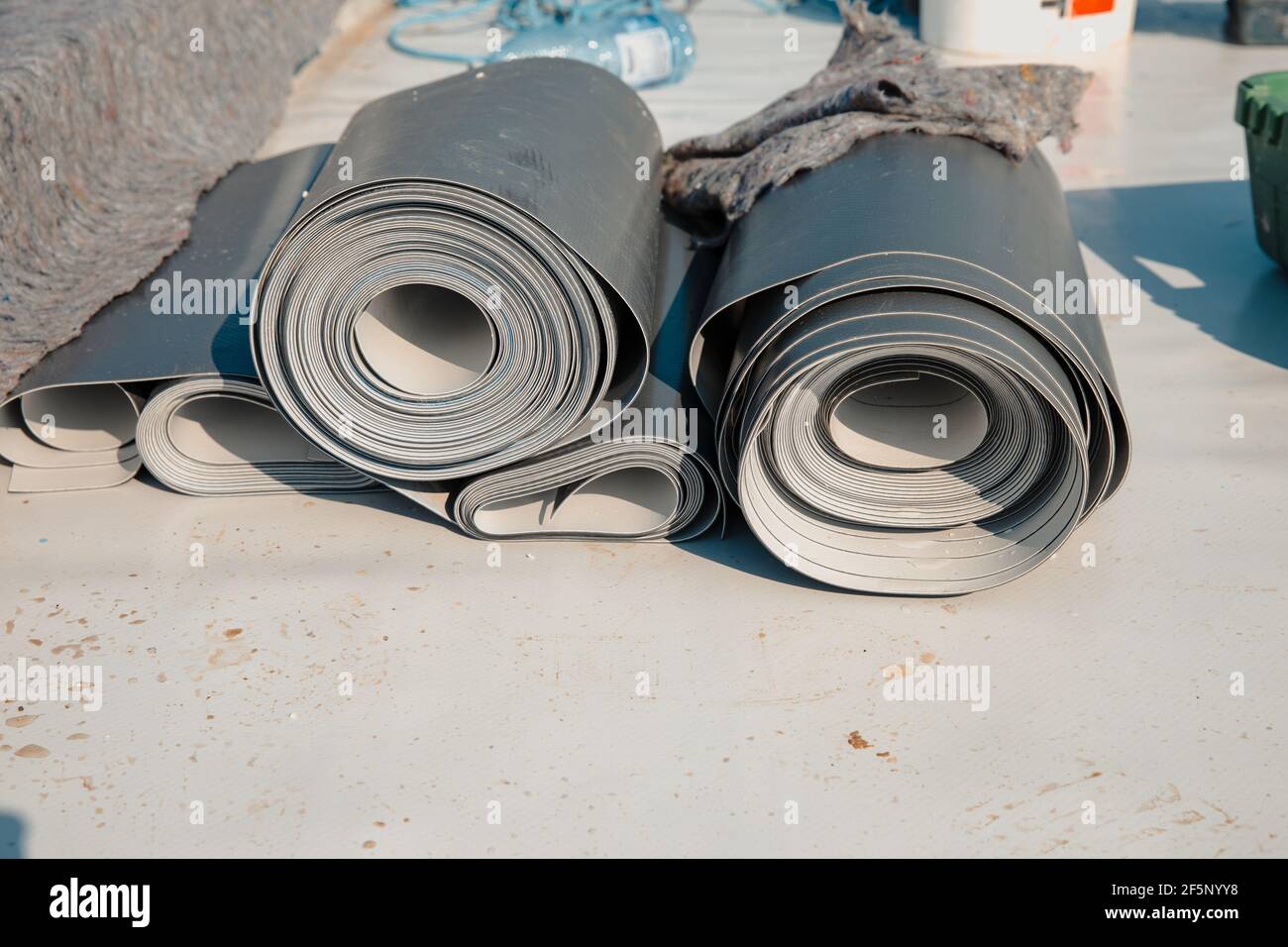 Roofing PVC membrane in rolls placed on the roof of the site Stock ...