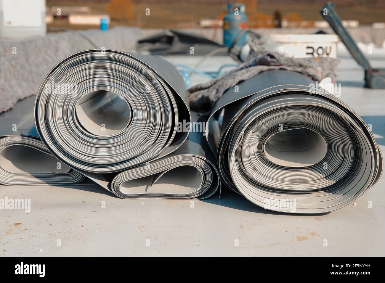 Roofing PVC membrane in rolls placed on the roof of the site Stock ...