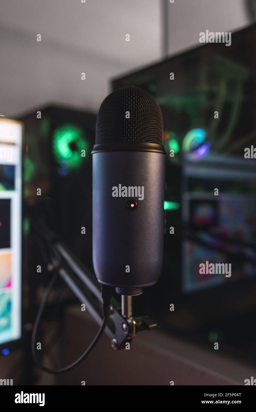 Closeup vertical shot of a professional microphone in home recording ...