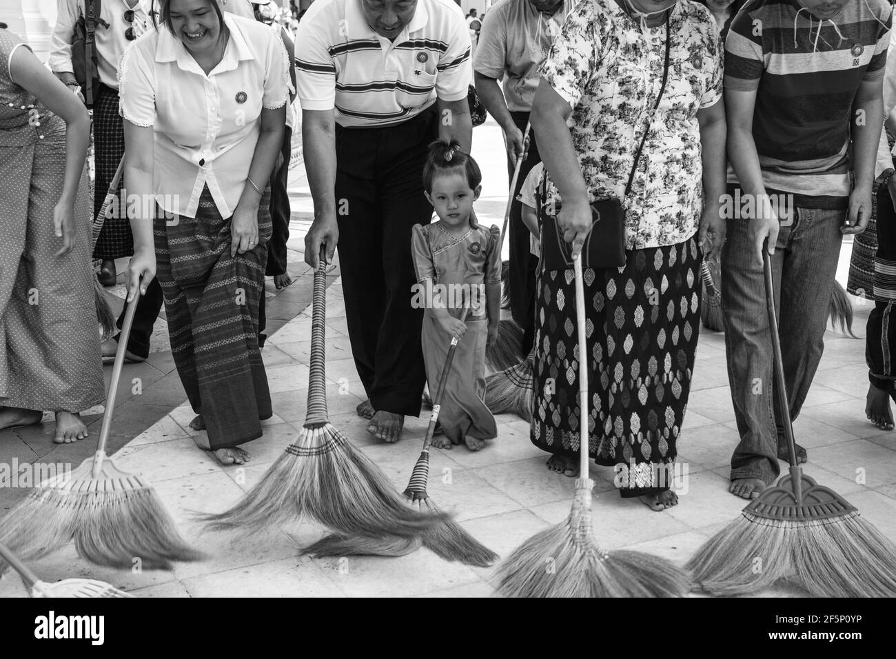Local People Sweeping/Cleaning At The Shwedagon Pagoda, Yangon, Myanmar ...