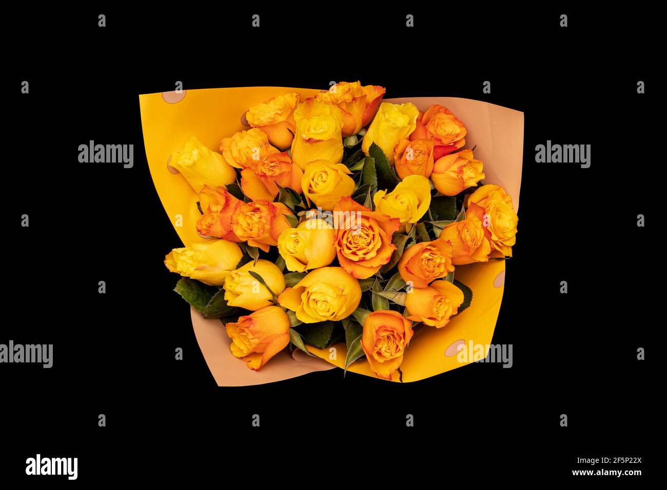 bouquet of beautiful roses view from above. isolated on a black ...
