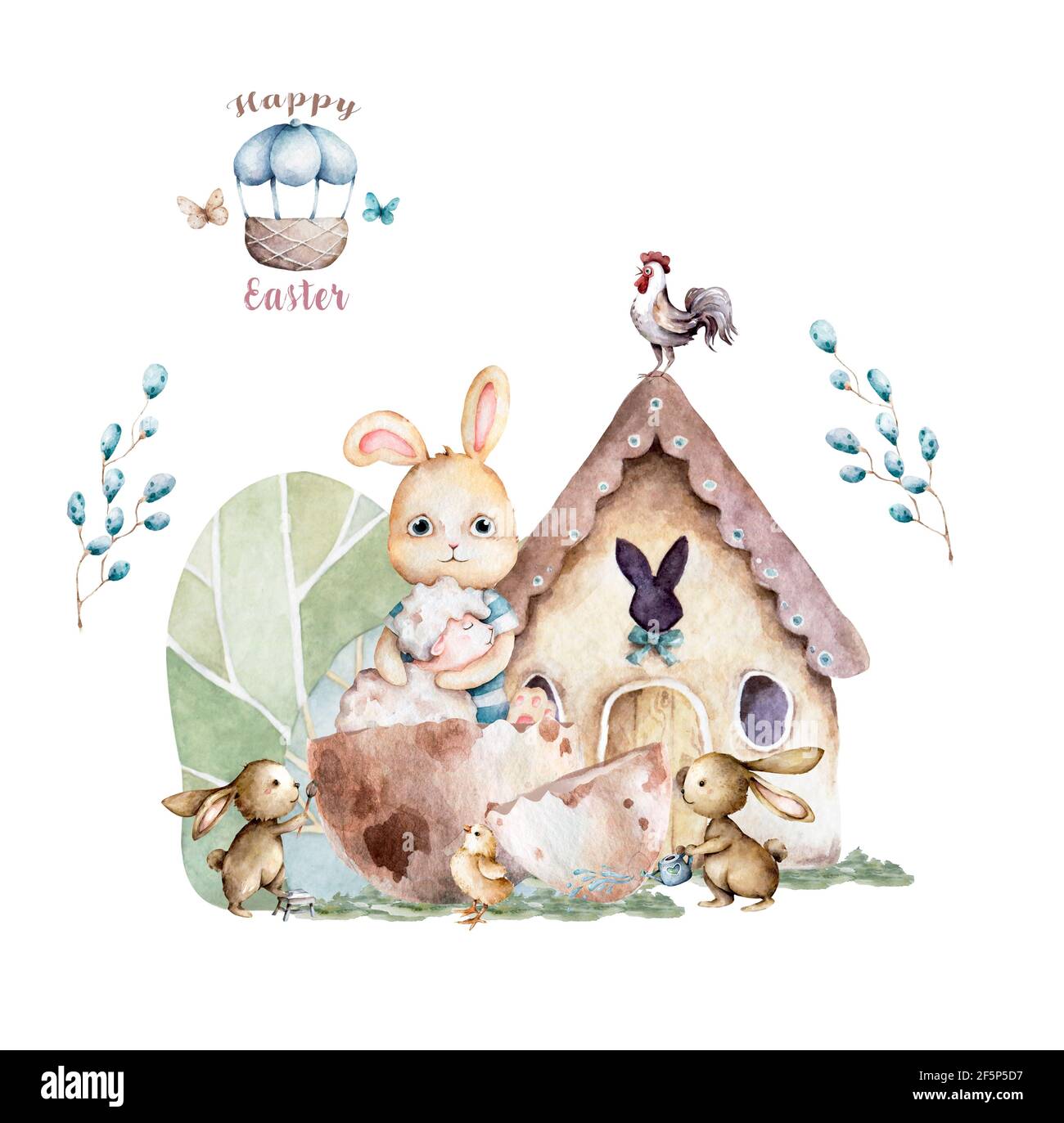 Cute easter bunny, rabbit painting an easter egg. Hand painting ...