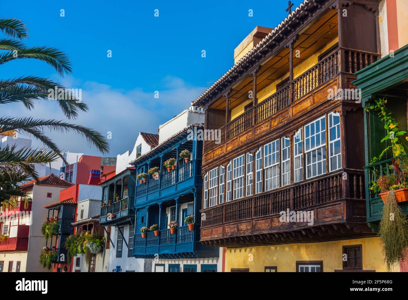 Traditional houses with wooden balconies at Santa Cruz de la Palma ...