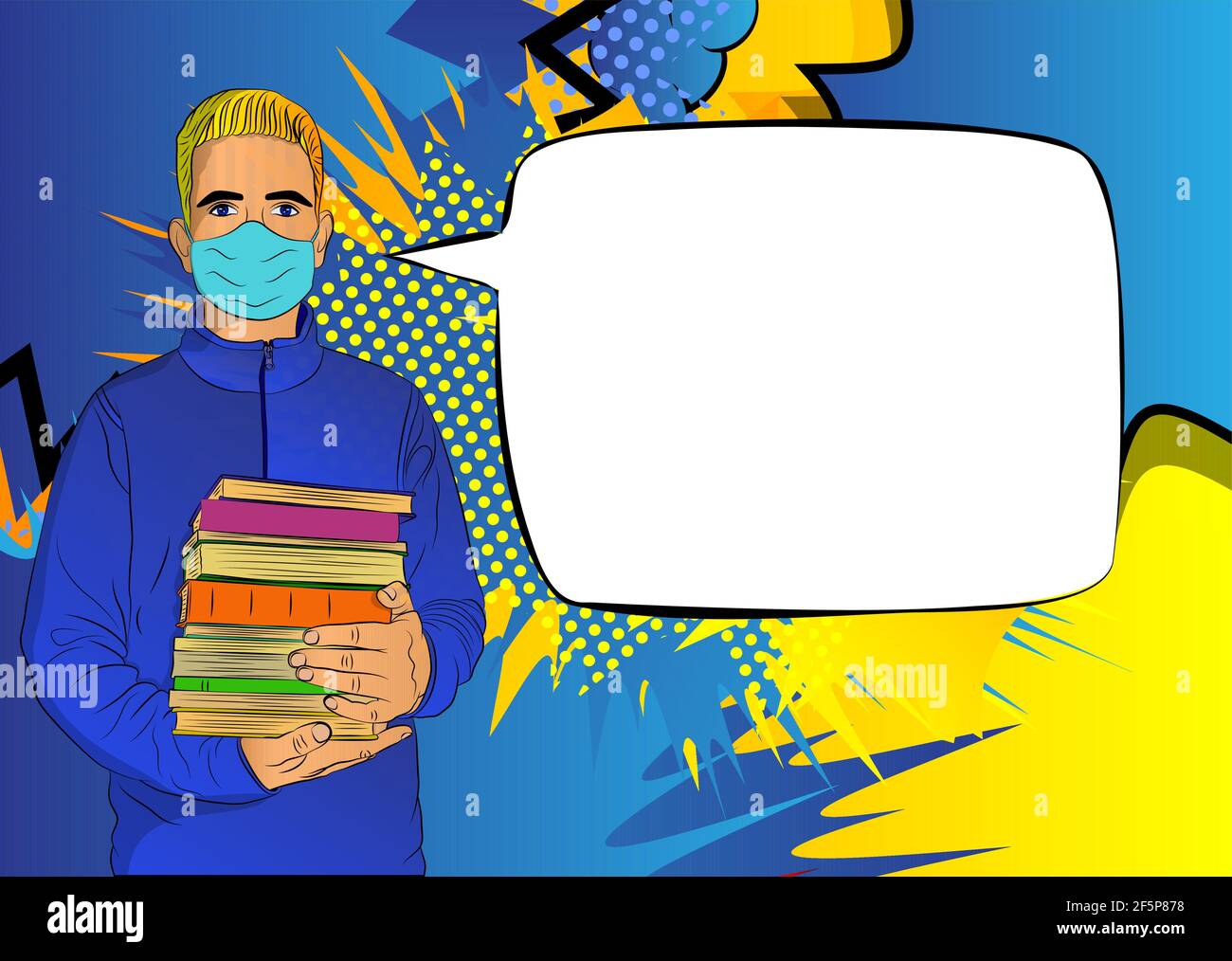 Male student, boy carrying a stack of books, wearing face mask. College ...