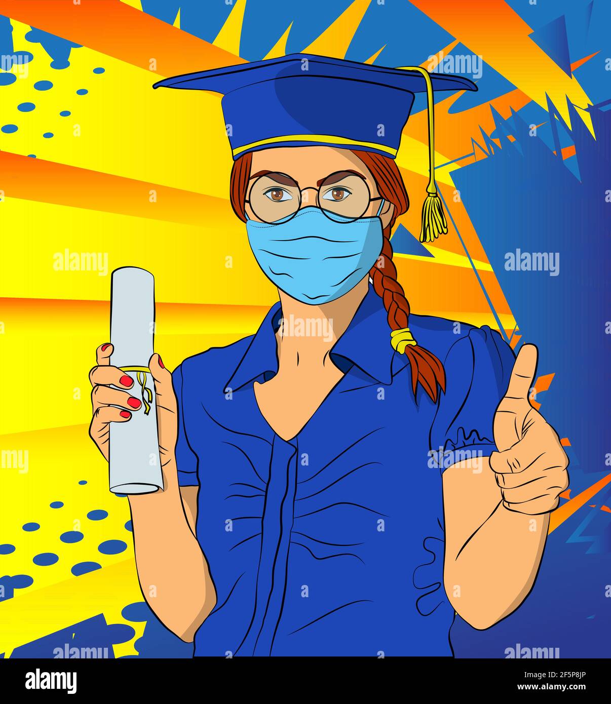 Student, graduation girl wearing face mask and glasses holding her ...