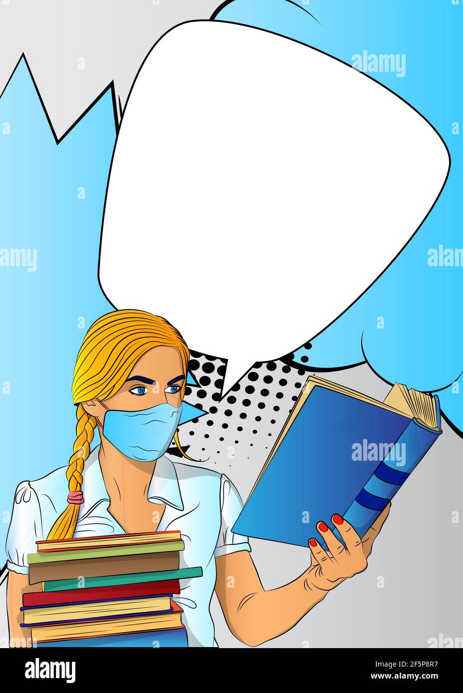 Female student, girl carrying a stack of books and reading, wearing ...