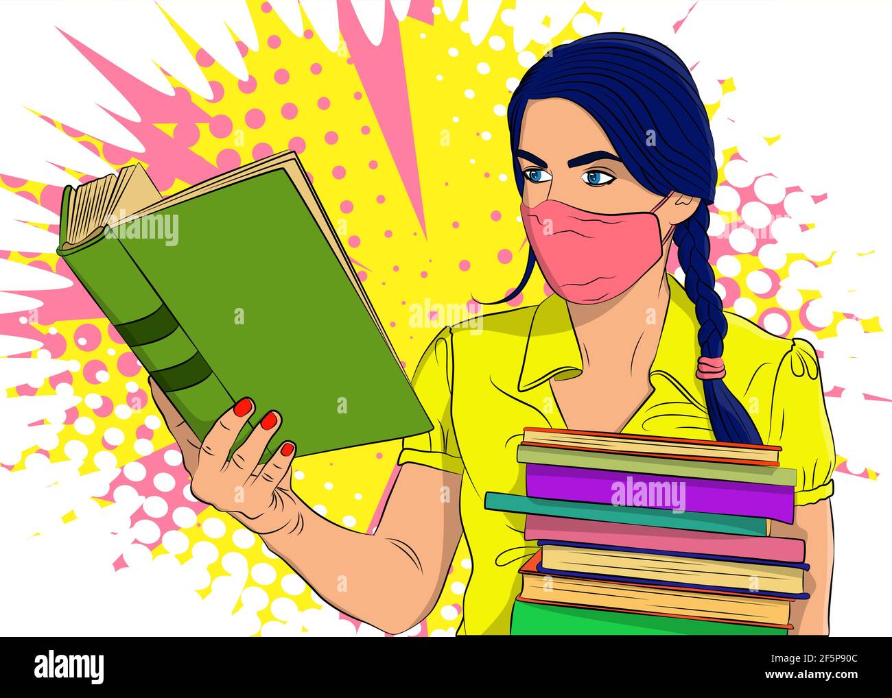 Female student, girl carrying a stack of books and reading, wearing ...