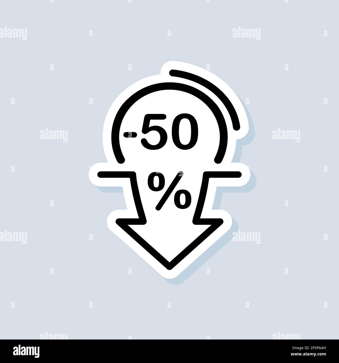 Minus 50 percent sticker. Discount percent arrow down icon. Arrow down ...