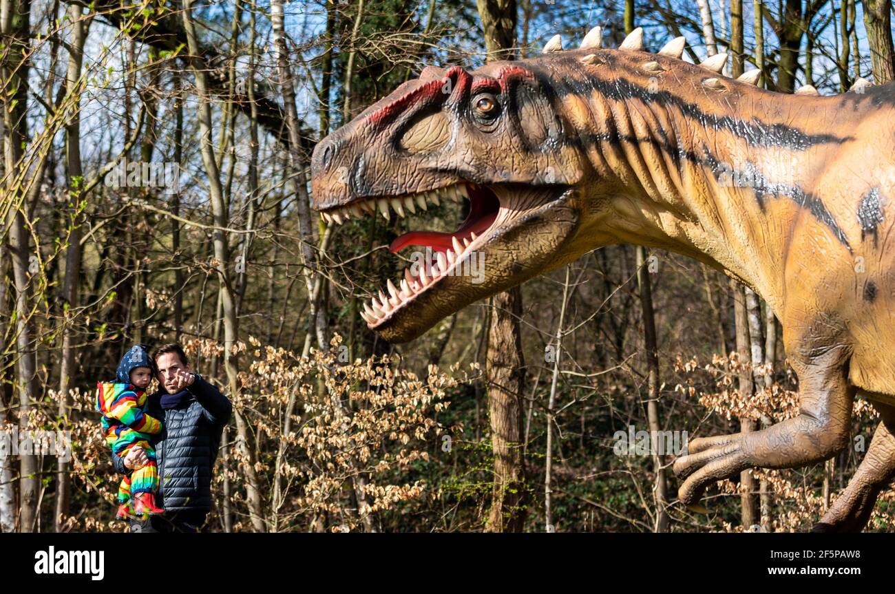 Rehburg Loccum, Germany. 27th Mar, 2021. A father looks at the model of ...