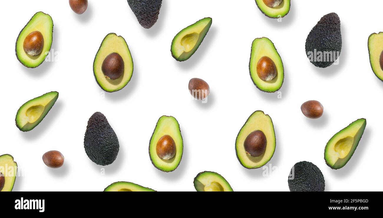 Pattern of fresh ripe green avocados. Avocado banner. Avocado pieces ...