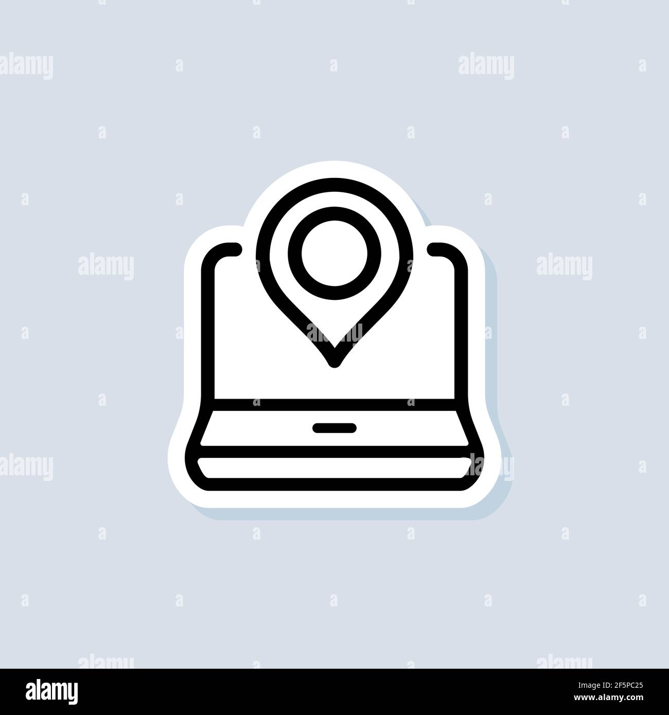 Location sticker. Pointer icon on laptop. GPS location. Map pin icons ...