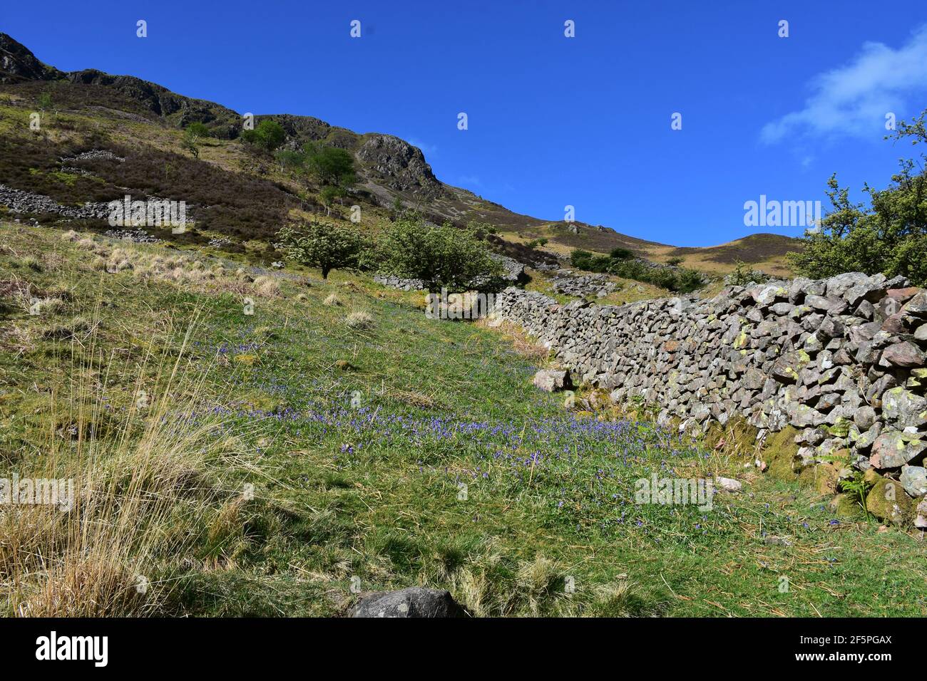Crumbling rock wall down the side of a fell in England Stock Photo - Alamy
