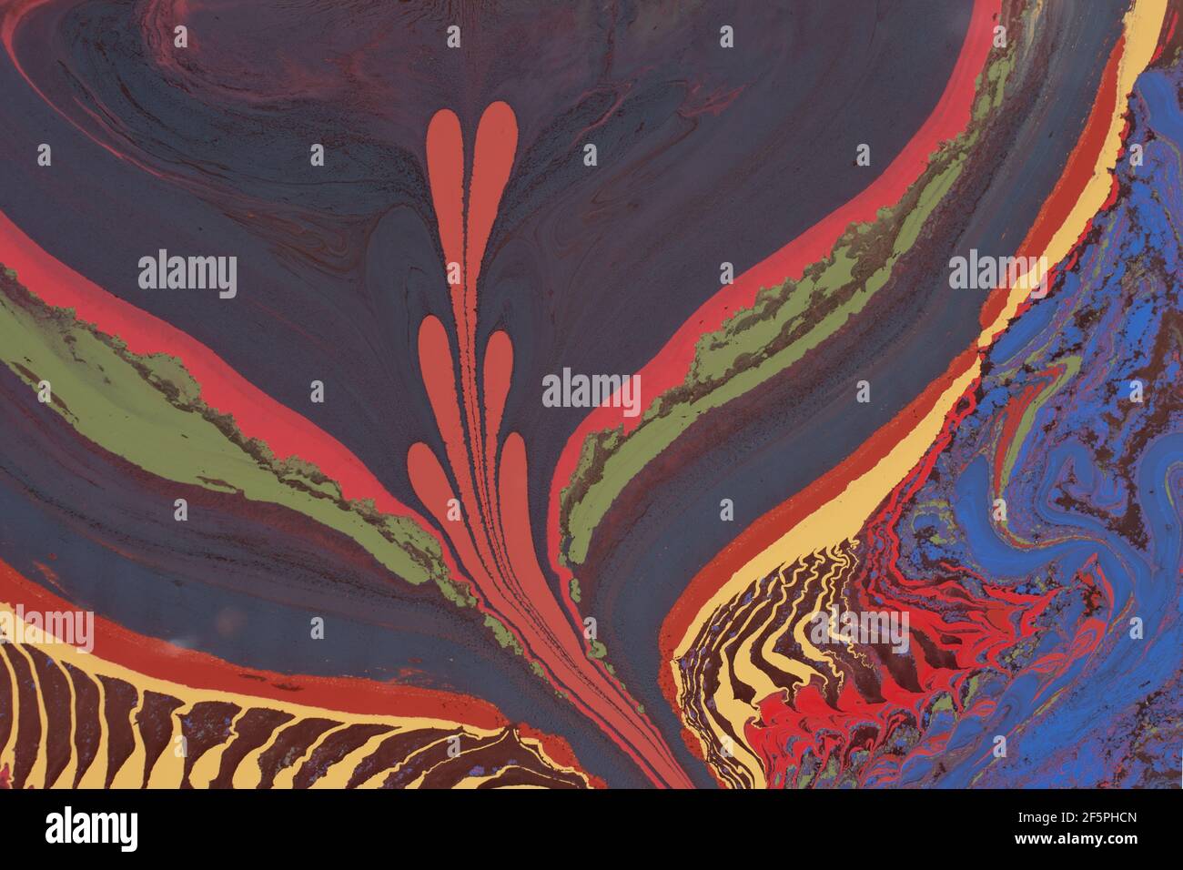 Ebru technique painting with wavy elements in red and dark purple ...