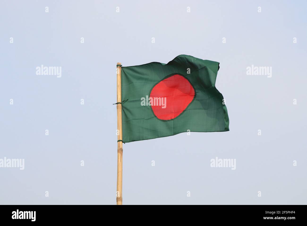 green and red colored bangladeshi flag in the air with bamboo Stock ...
