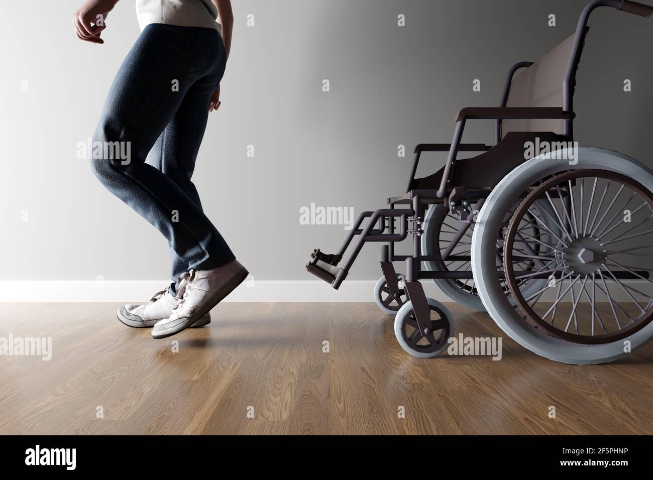 Person walking away from wheelchair, disability or injury recovery ...